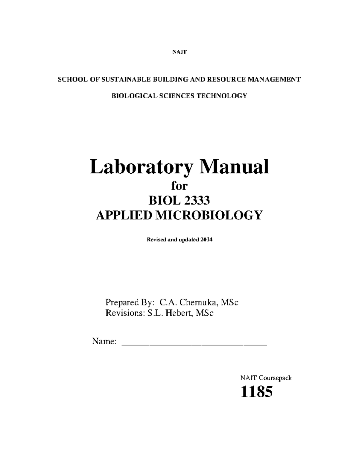 Applied Microbiology Lab Manual 2015 - NAIT SCHOOL OF SUSTAINABLE ...