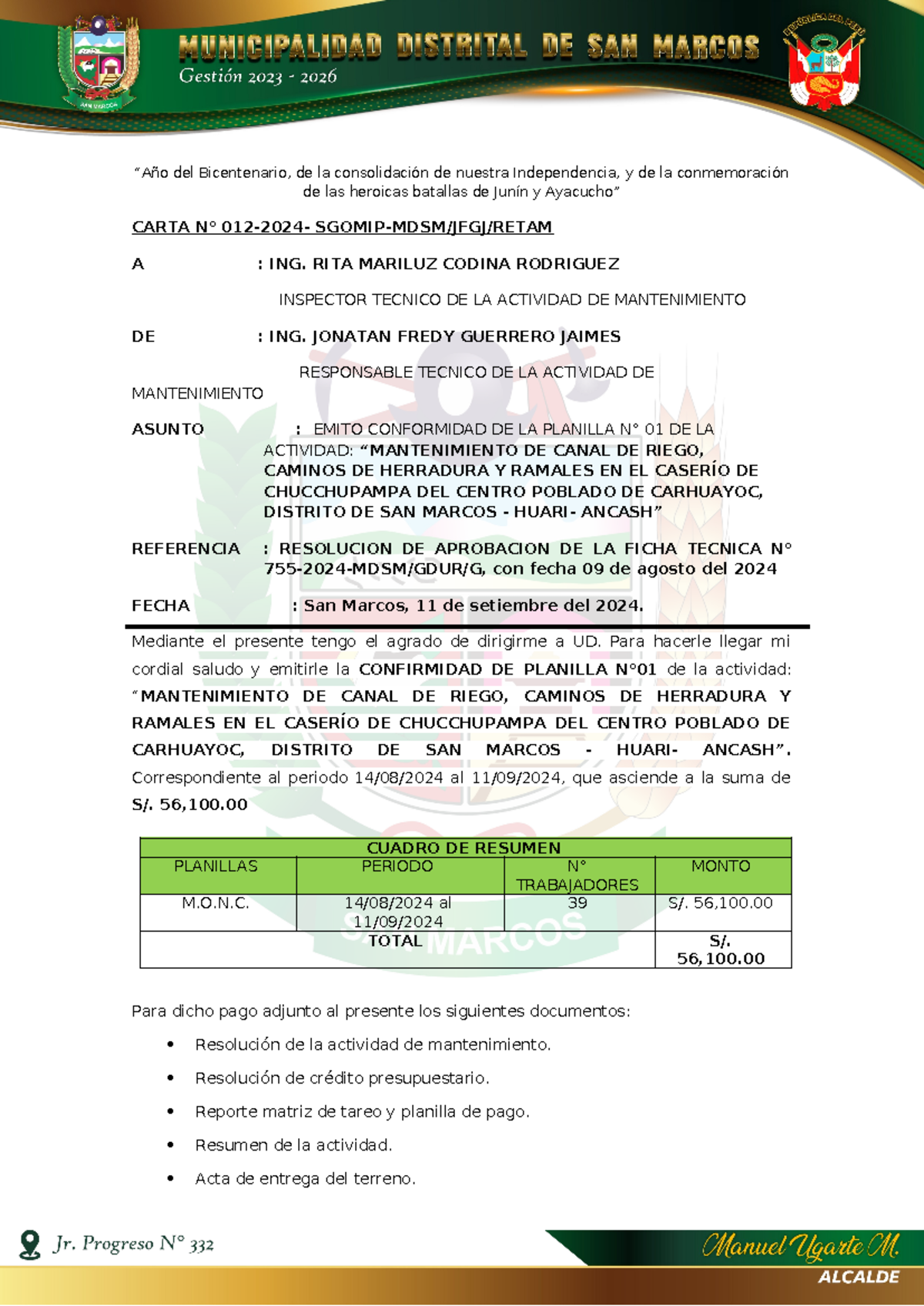 Carta N°12-JFGJ - “Año del Bicentenario, de la consolidación de nuestra ...