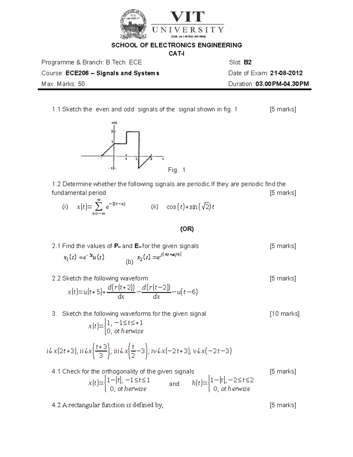 Continuous Assessment Test - SCHOOL OF ELECTRONICS ENGINEERING CAT-I ...