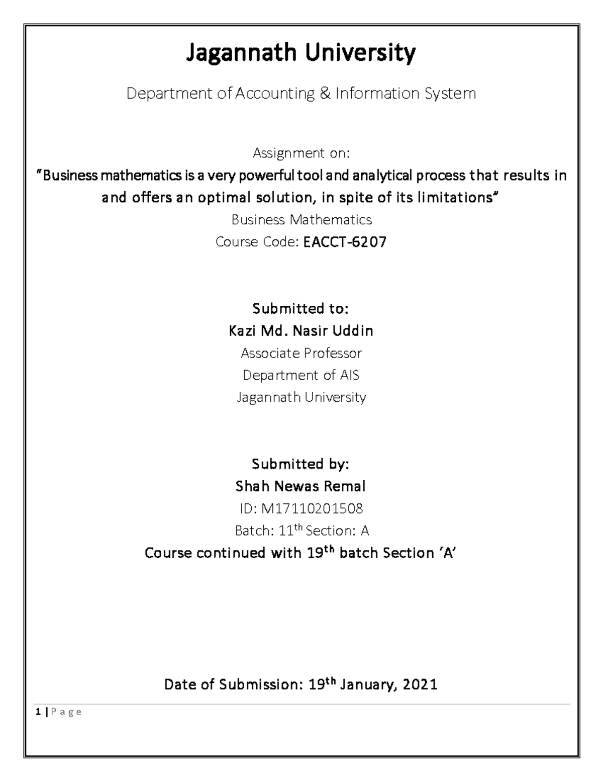 Assignment of Business Math. (M171102015 08), 11th batch (A ...