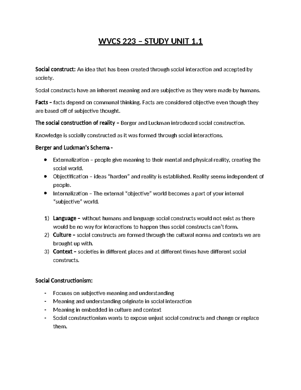 WVCS 223 exam notes - WVCS 223 – STUDY UNIT 1. Social construct: An ...