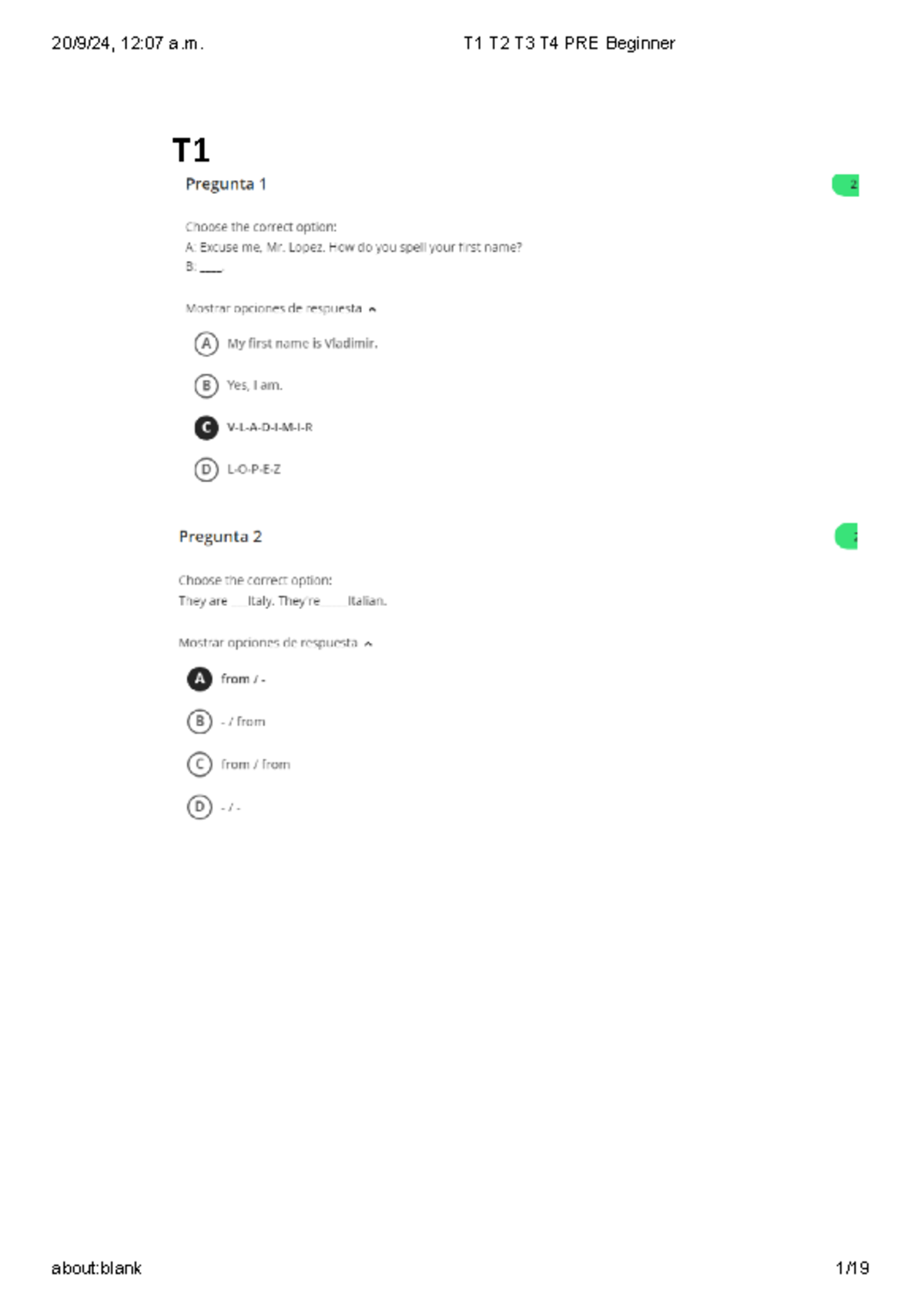 Fijas Ingles - Preguntas de examen - Pre beginner - T T T T T - Studocu