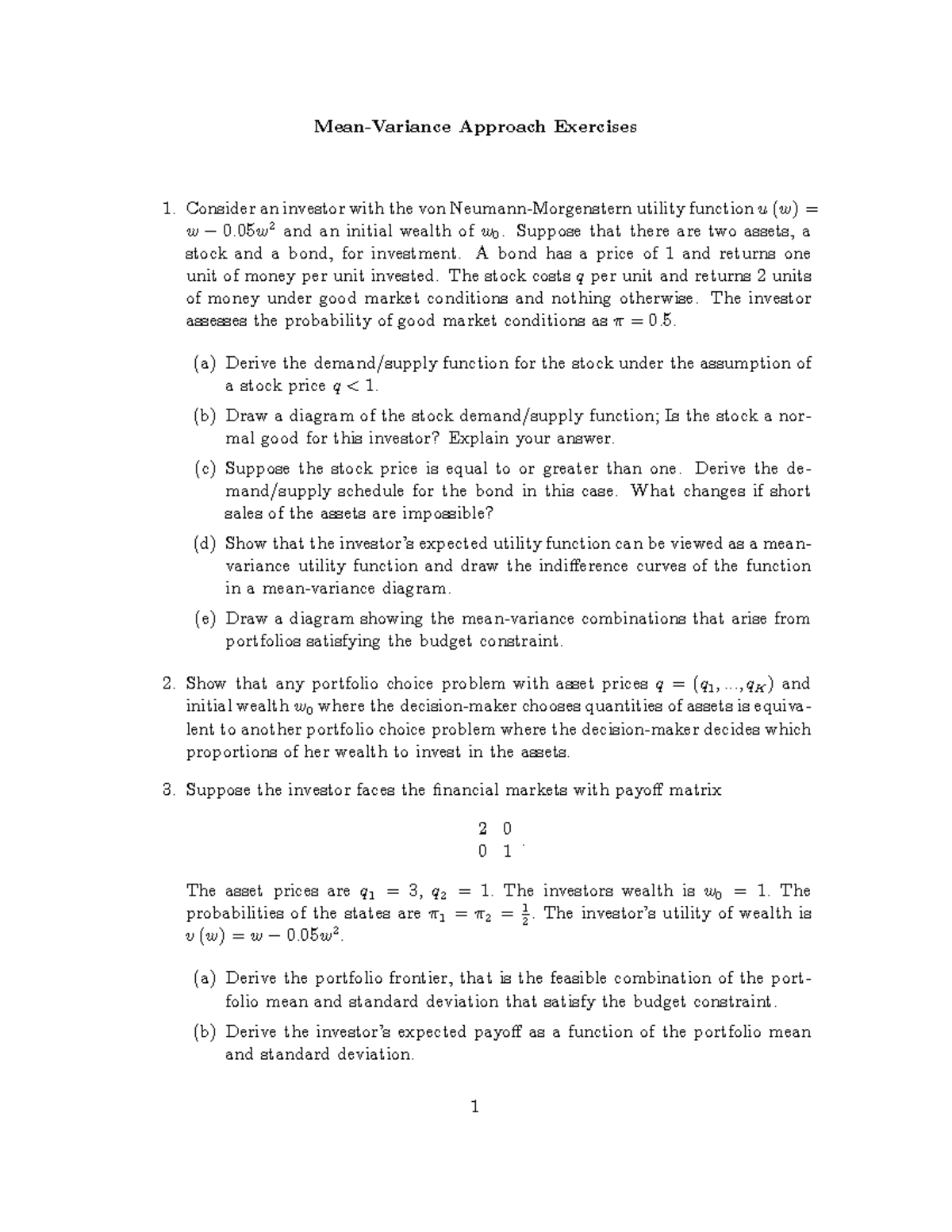 Mean Variance Approach exercises-1 - Mean-Variance Approach Exercises ...