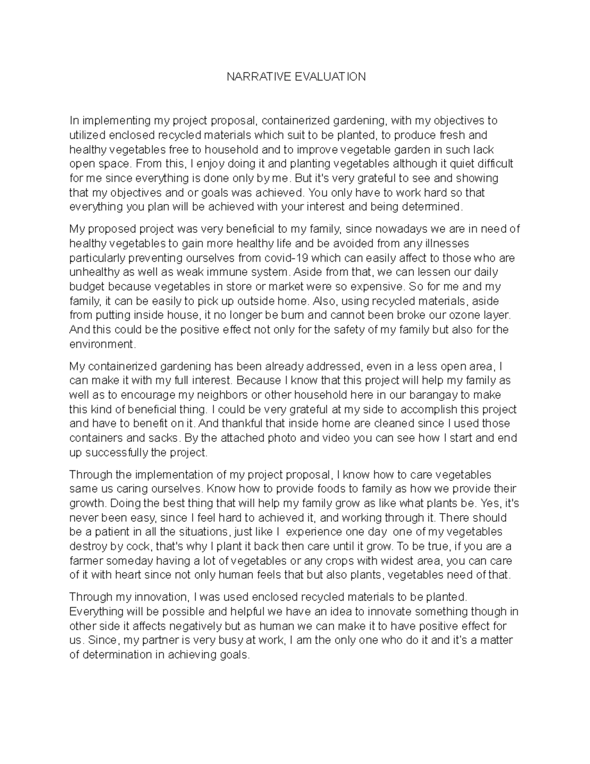 Jean narrative - NARRATIVE EVALUATION In implementing my project ...