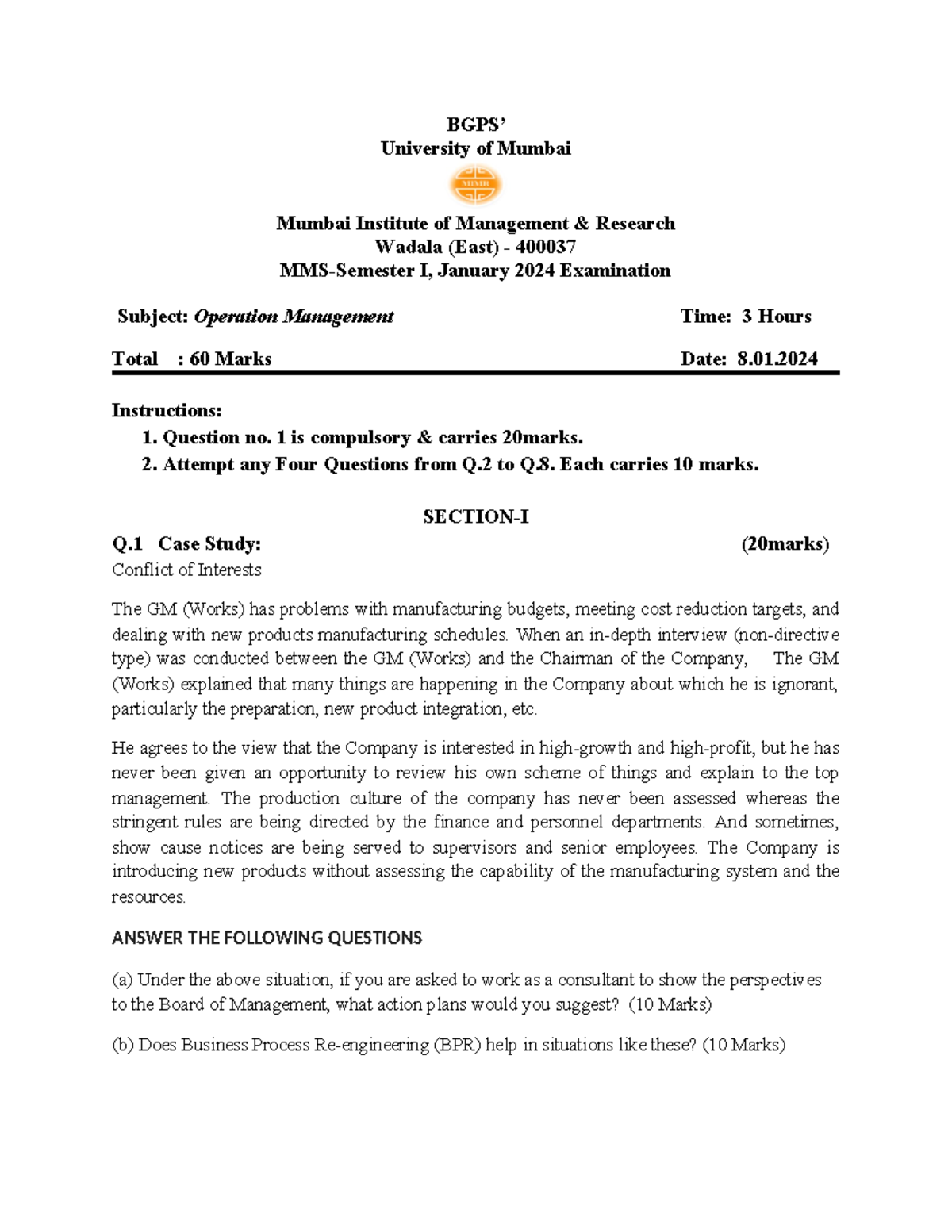 SEM I JAN 24 Operation Managment - BGPS’ University of Mumbai Mumbai ...