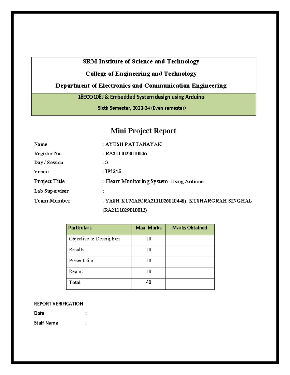 Mini Project heart monitoring system team report - SRM Institute of ...