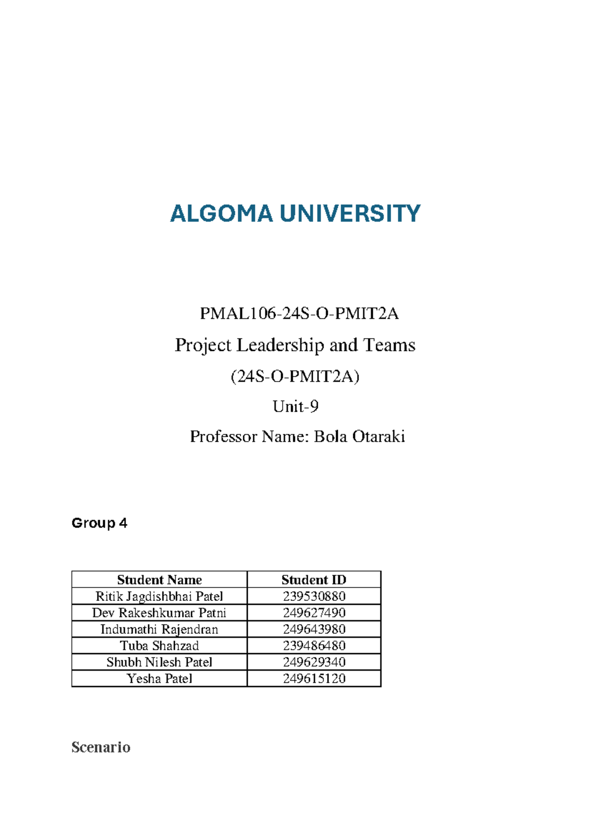 Unit9 LA - Ethical Leadership - PMAL205 - ALGOMA UNIVERSITY PMAL106-24S ...
