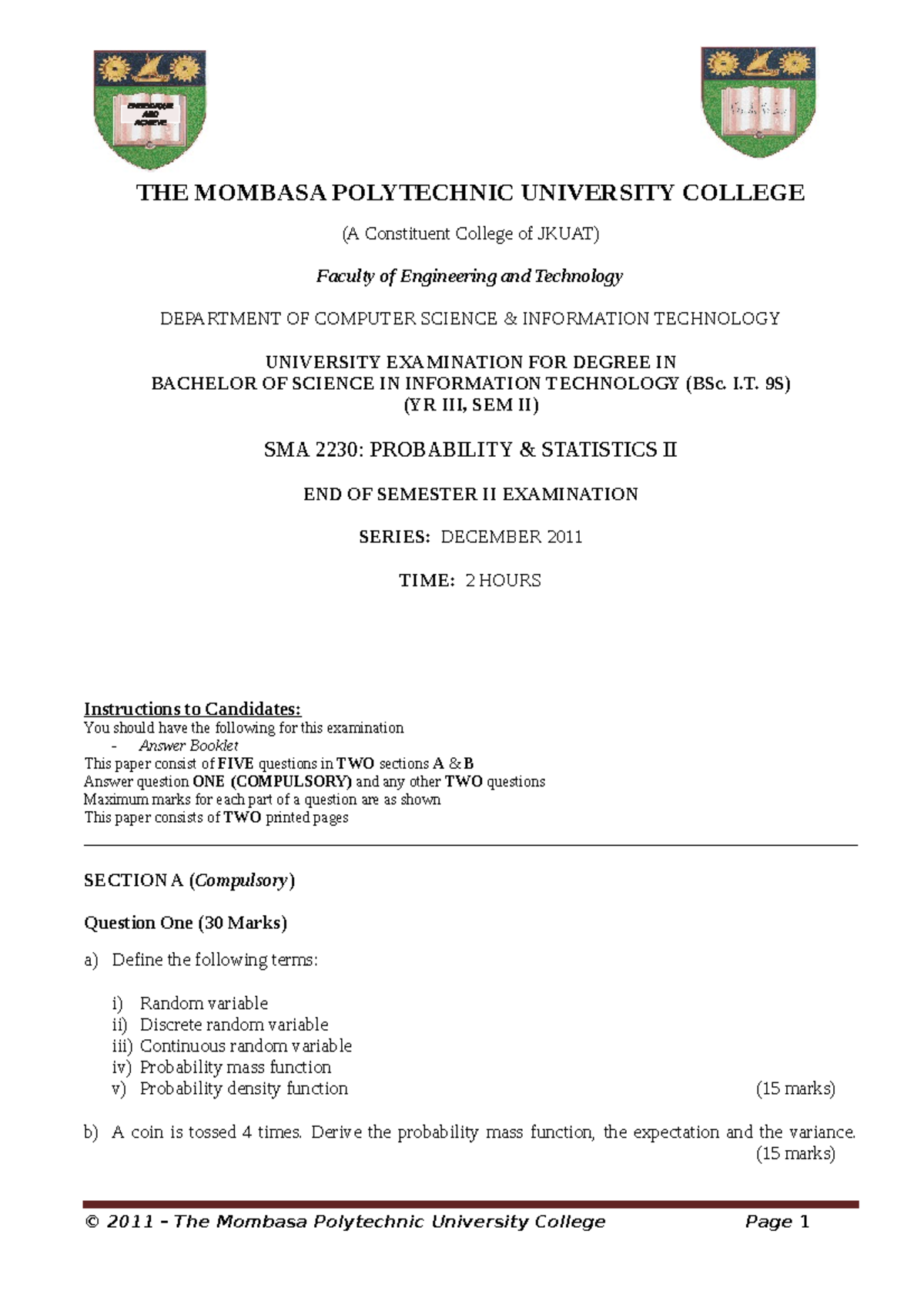 SMA 2230 Probability & Statistics II - THE MOMBASA POLYTECHNIC ...