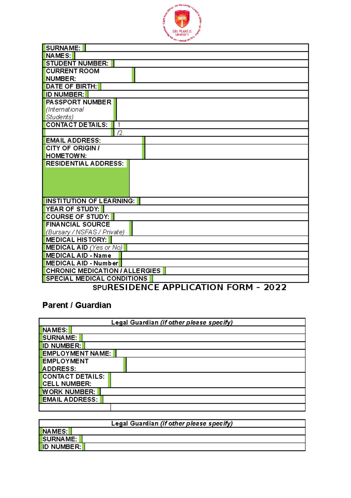 SPU Residence Application FORM - SURNAME: NAMES: STUDENT NUMBER ...