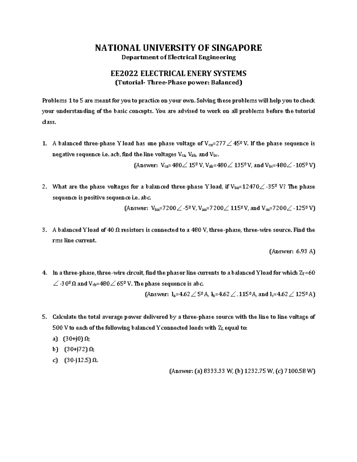 4.2 Tutorial - Three Phase Power - EE2022 - NATIONAL UNIVERSITY OF ...