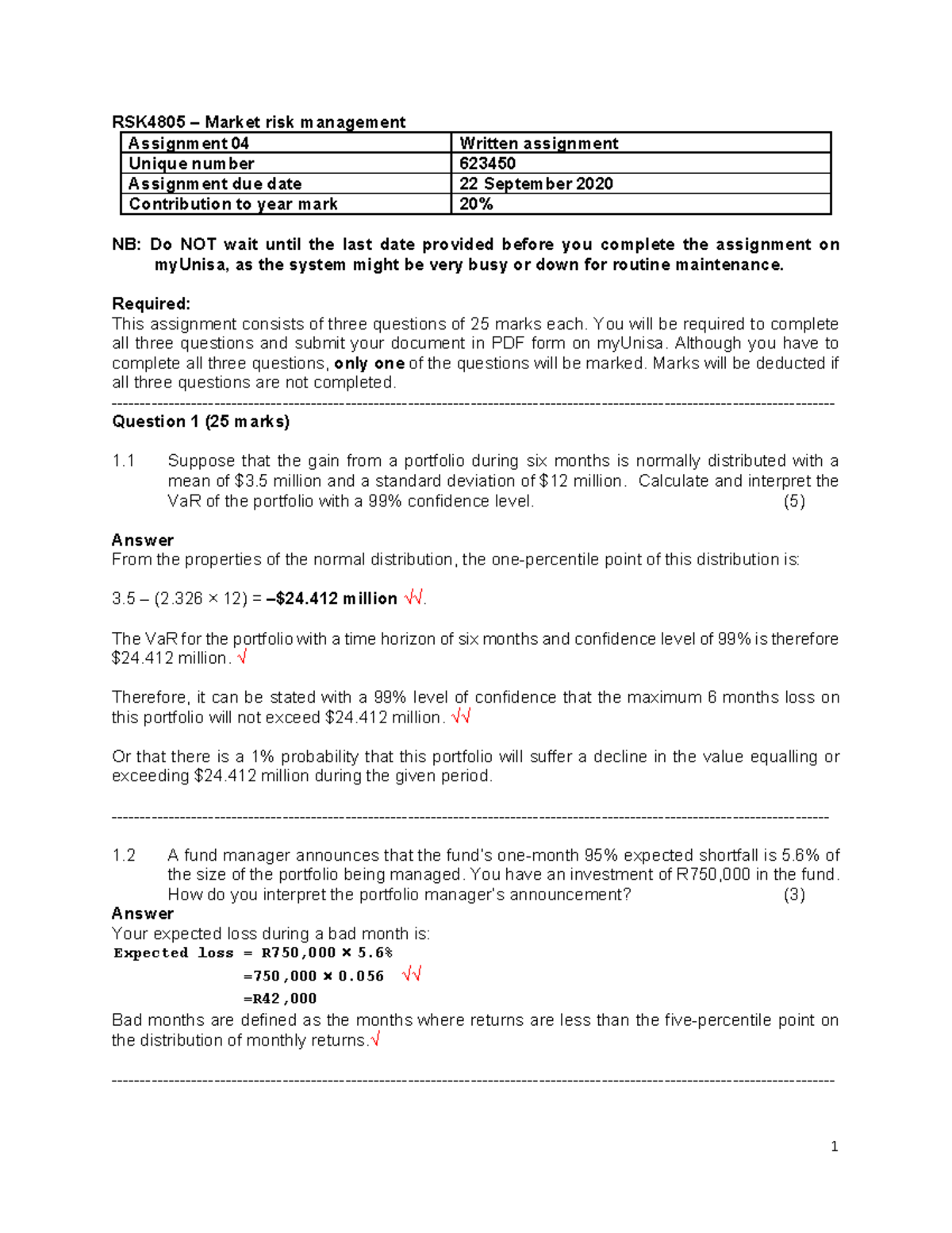 Unisa RSK4805 Assignment 04 Solutions 2020 - RSK4805 – Market risk management Assignment 04 ...