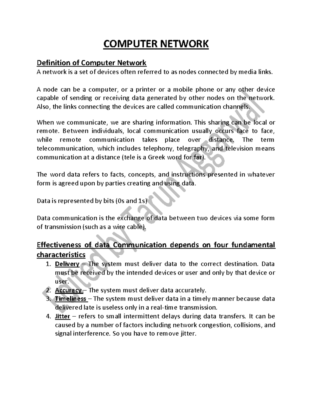 Computer Network Unit 1 part 1 - COMPUTER NETWORK Definition of Computer Network A network is a ...
