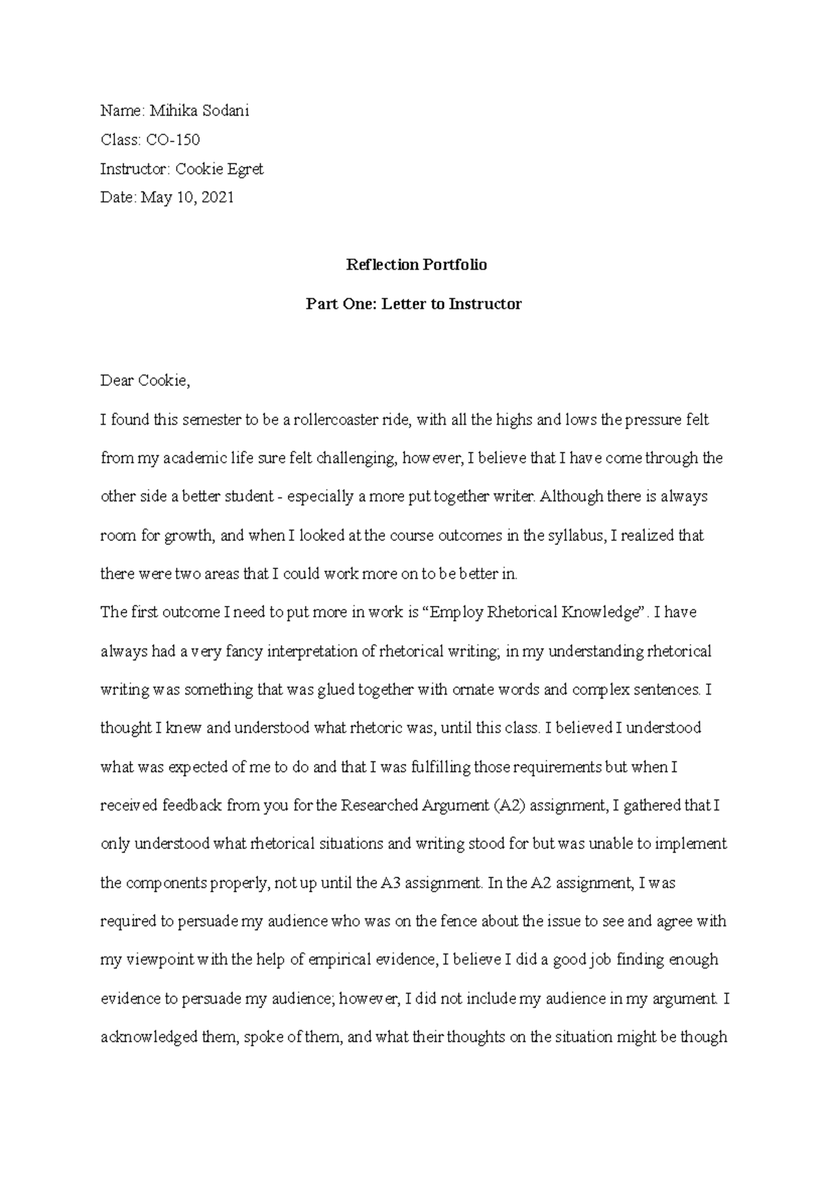 A4 Reflection Portfolio - Name: Mihika Sodani Class: CO- Instructor ...