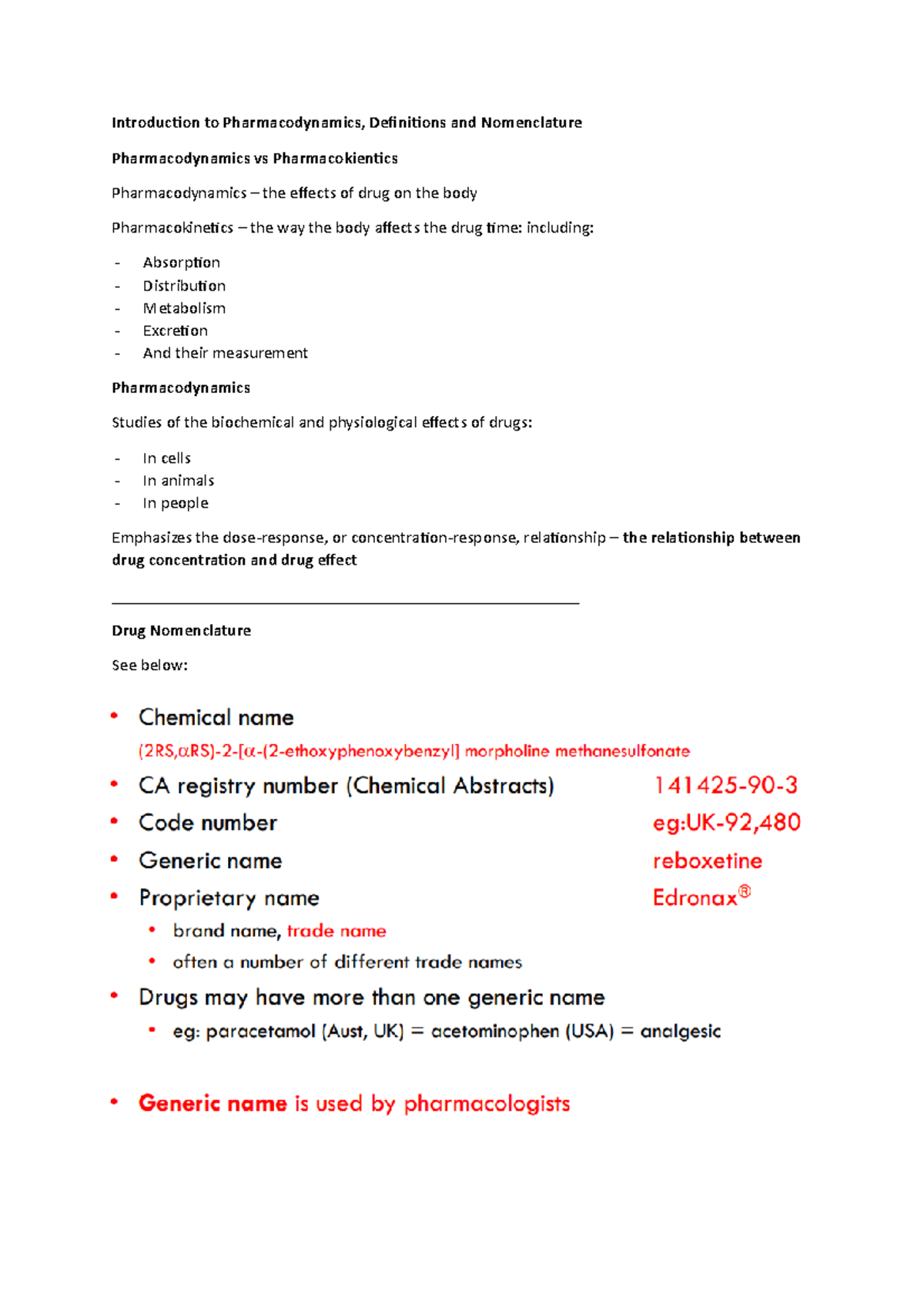 MEDS2002 Week 2 Notes - Introduction to Pharmacodynamics, Definitions ...