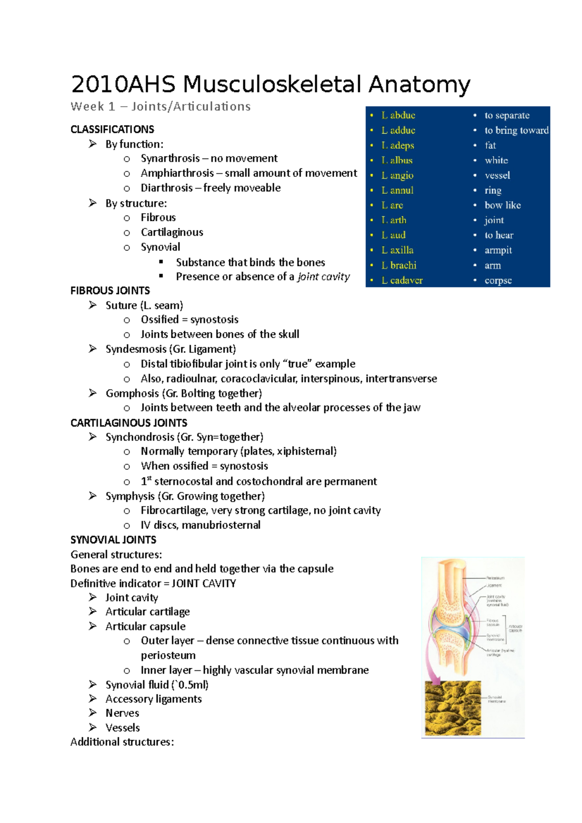 Content notes - 2010AHS Musculoskeletal Anatomy Week 1 – Joints ...