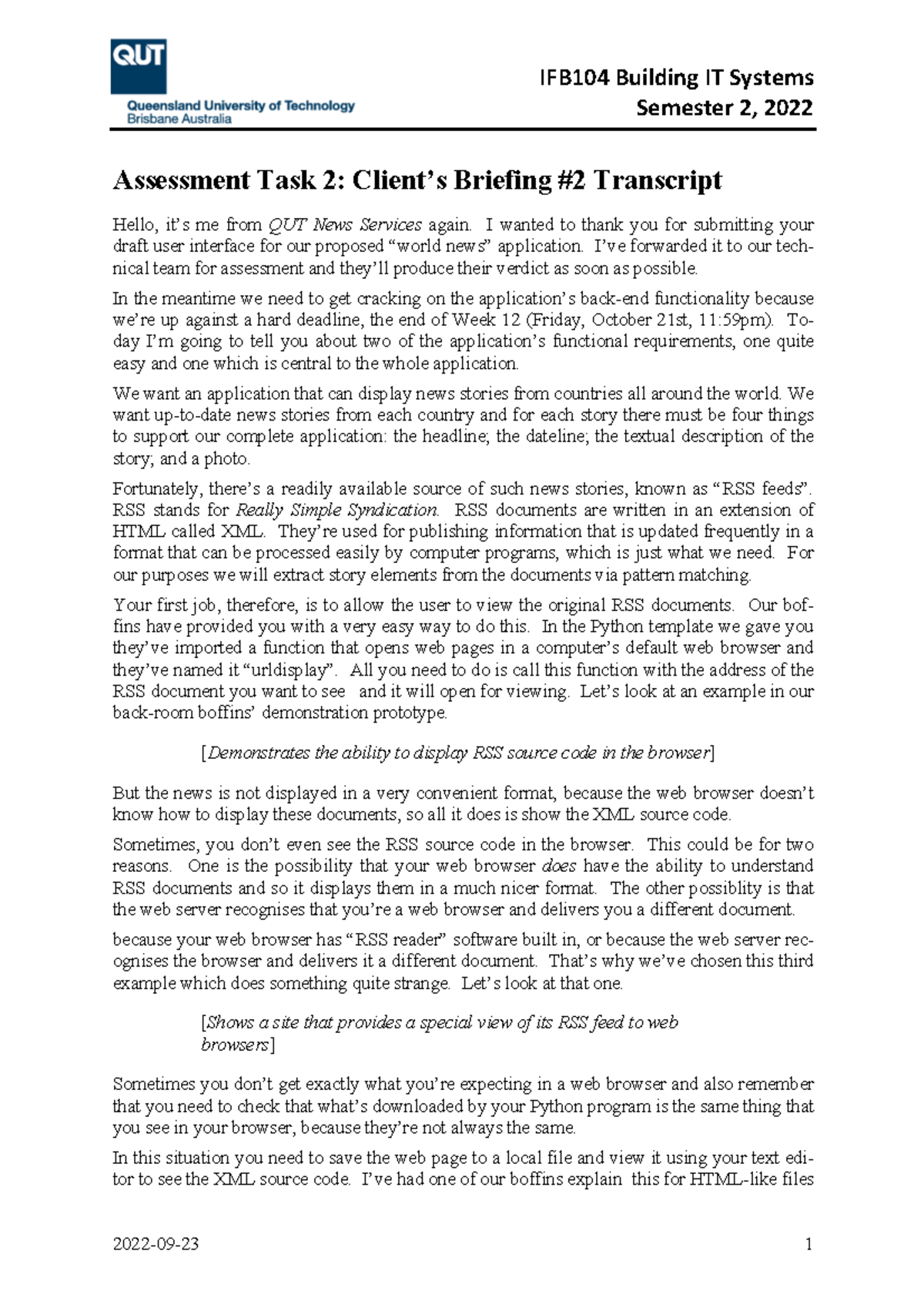 Assessment Task 2-Briefing 2-Transcript - Semester 2, 2022 Assessment ...