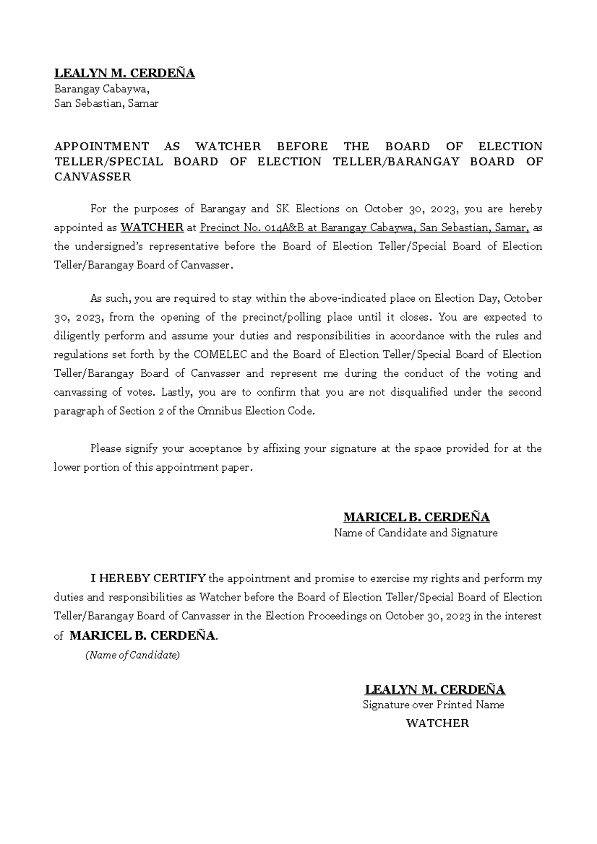 Appointment AS BSKE Watcher - LEALYN M. CERDEÑA Barangay Cabaywa, San ...