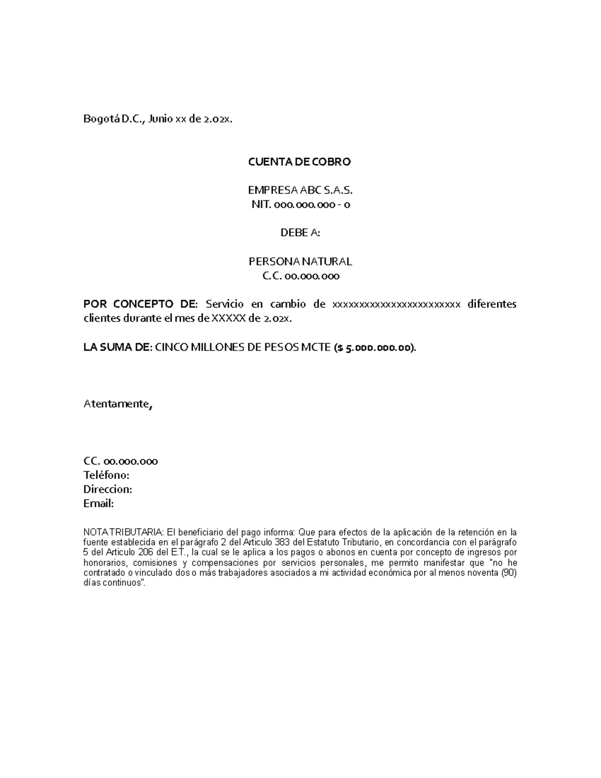 5Modelo Cuenta de Cobro - Bogotá D., Junio xx de 2. CUENTA DE COBRO ...