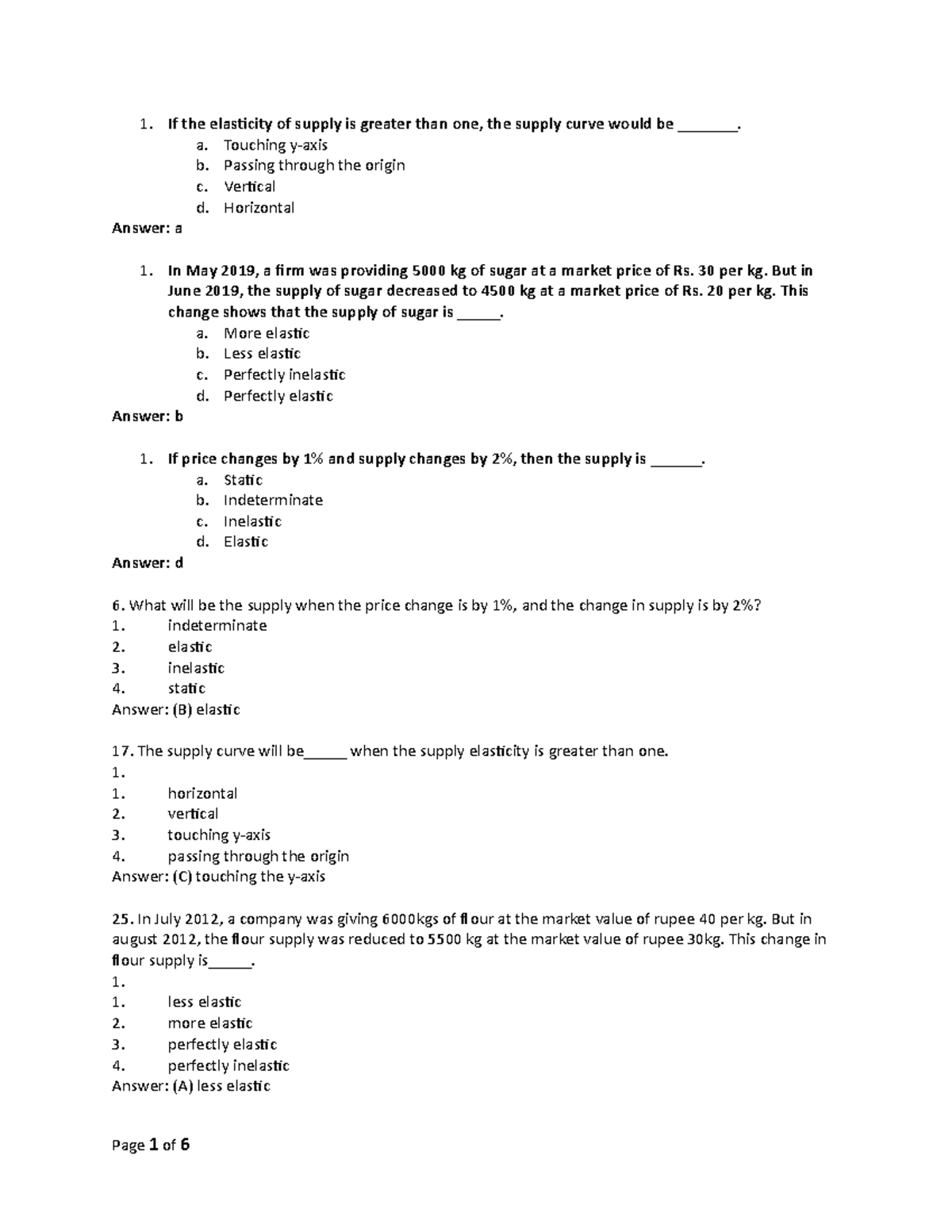 MCQs - Elasticity of supply - If the elasticity of supply is greater ...