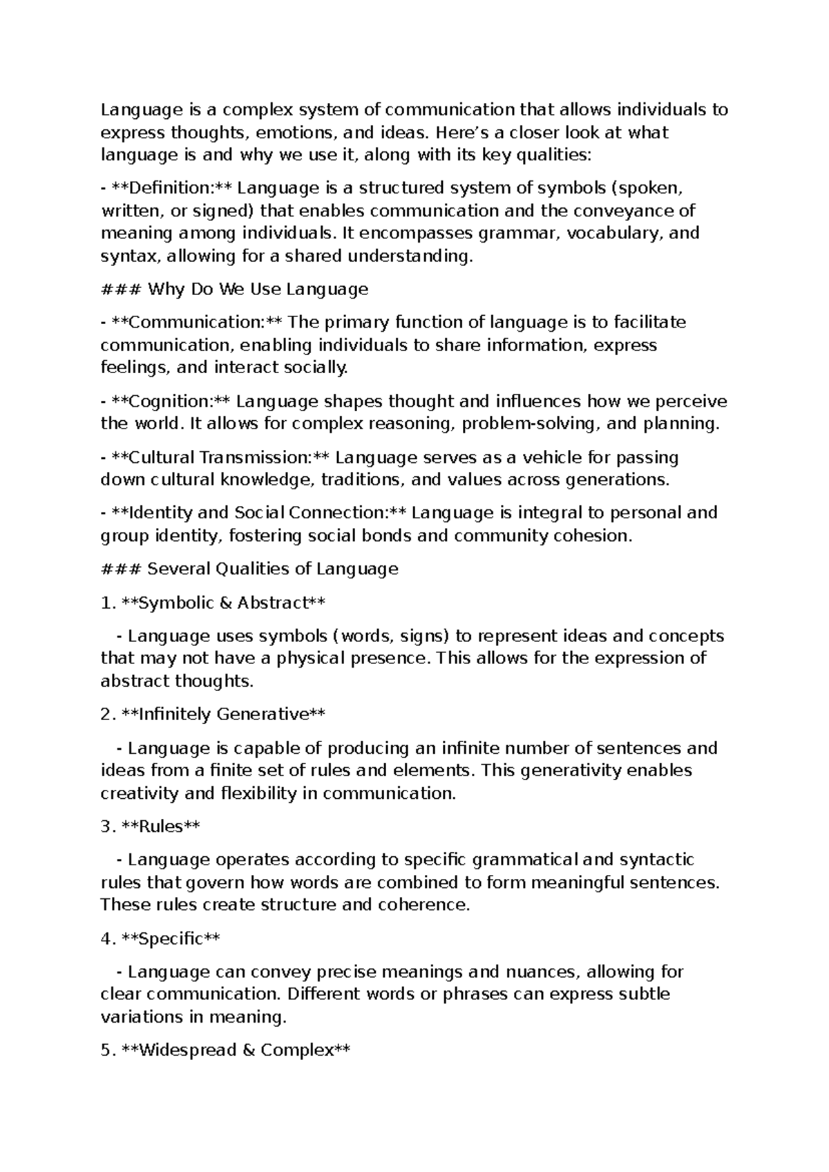 Psych notes 2 cog and int - Language is a complex system of ...