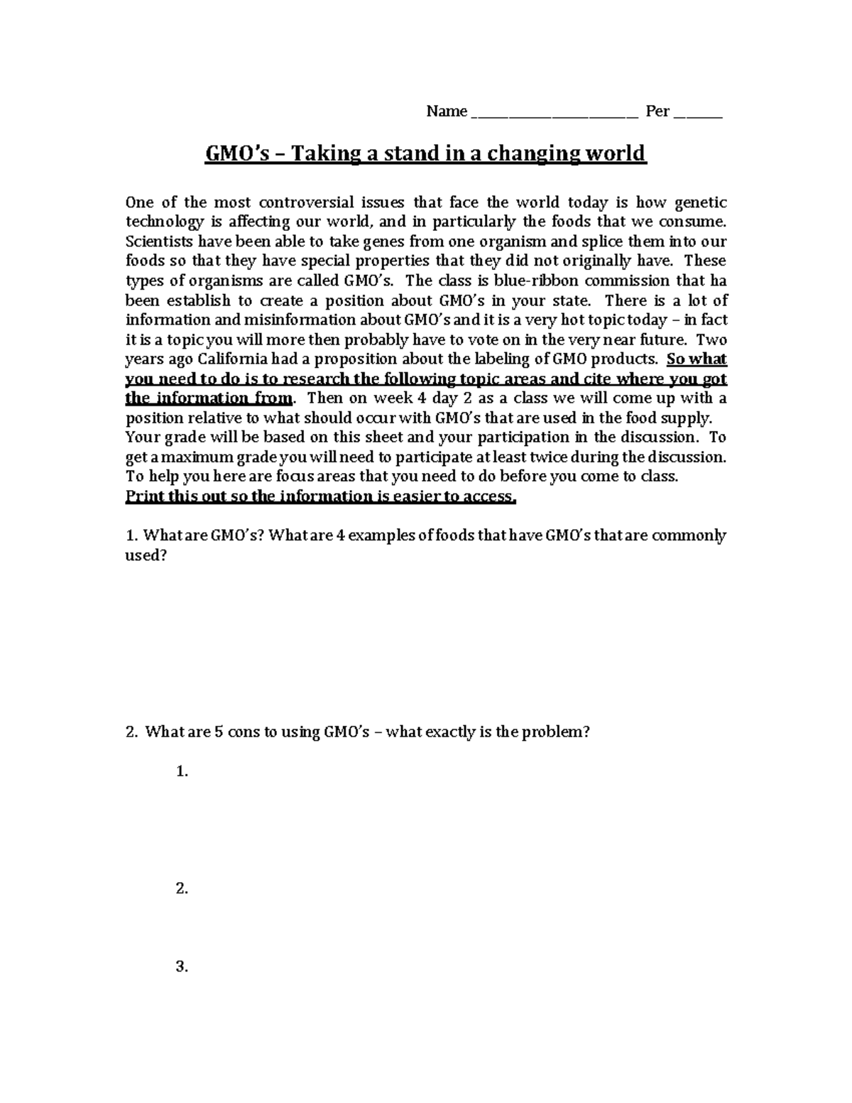 GMO activity 21 - Name ___________________________ Per ________ GMO’s ...