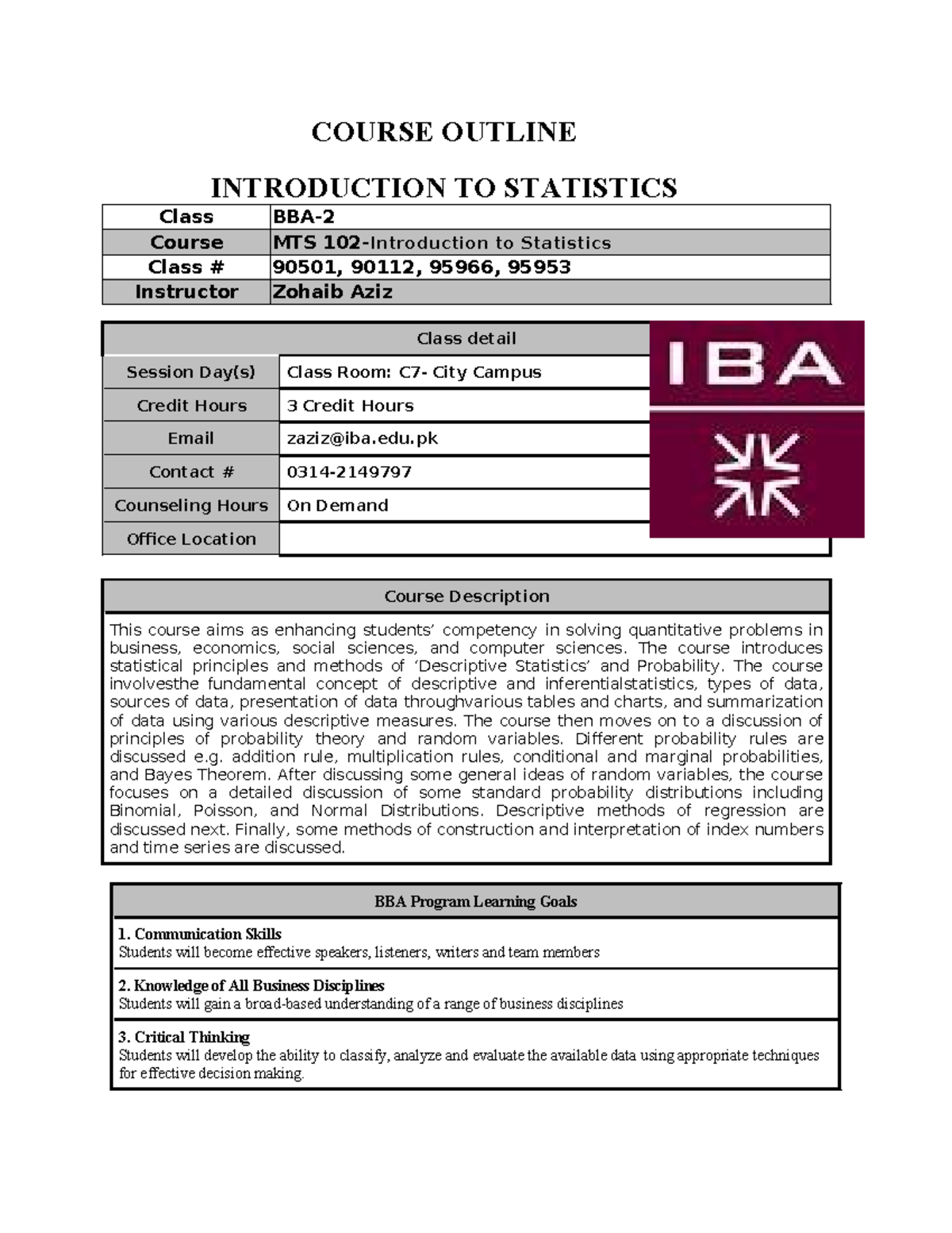 Course Outline MTS 102- Introduction to Statistics Spring 2024 - COURSE ...