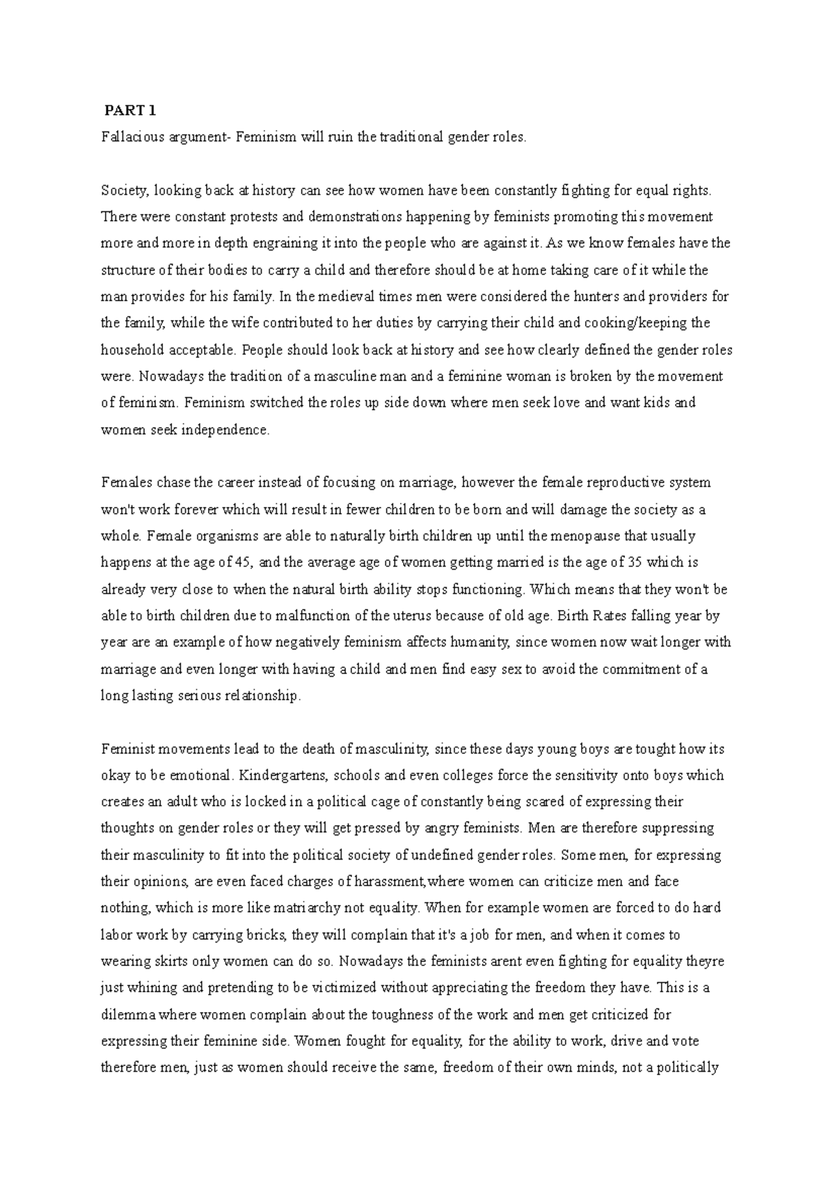 Reason and argument - PART 1 Fallacious argument- Feminism will ruin the traditional gender ...