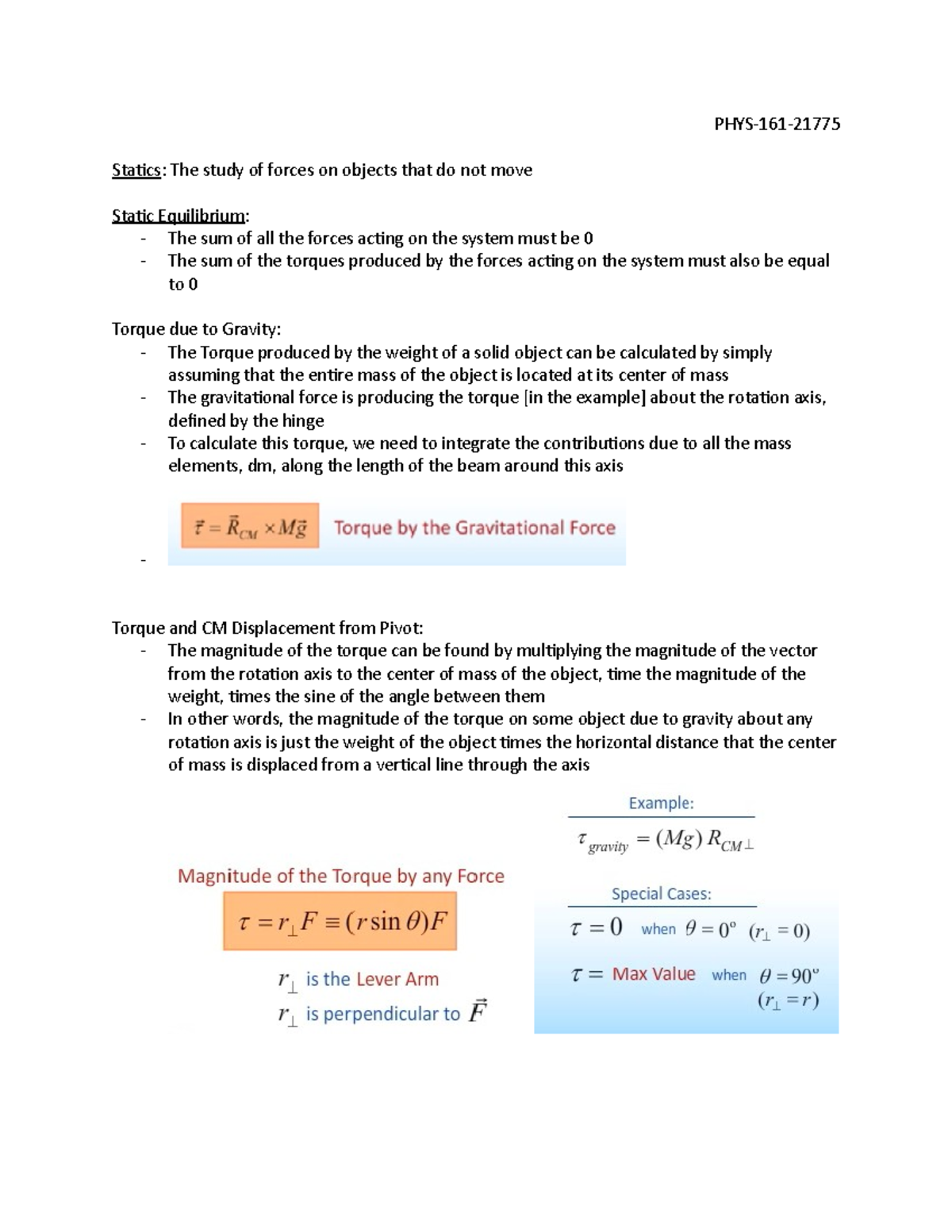 Rotational Statics [Pre-Lecture] - PHYS-161- Statics: The study of forces on objects that do not ...