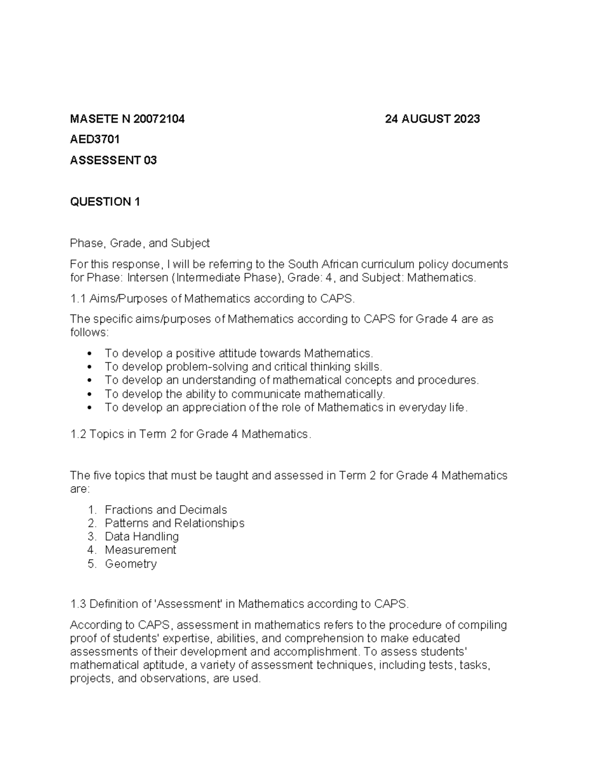 AED Assignment - ghfghj - MASETE N 20072104 24 AUGUST 2023 AED ...