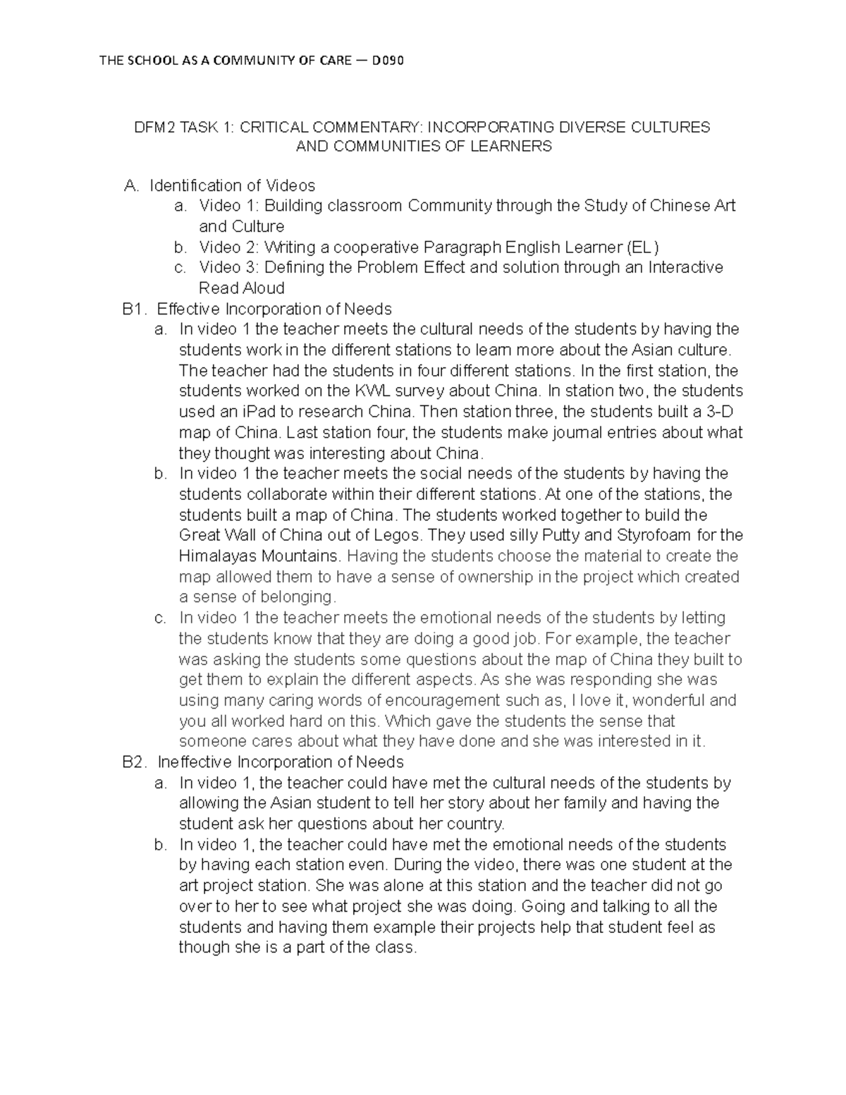 DFM2 TASK 1 - n/a - THE SCHOOL AS A COMMUNITY OF CARE — D DFM2 TASK 1 ...