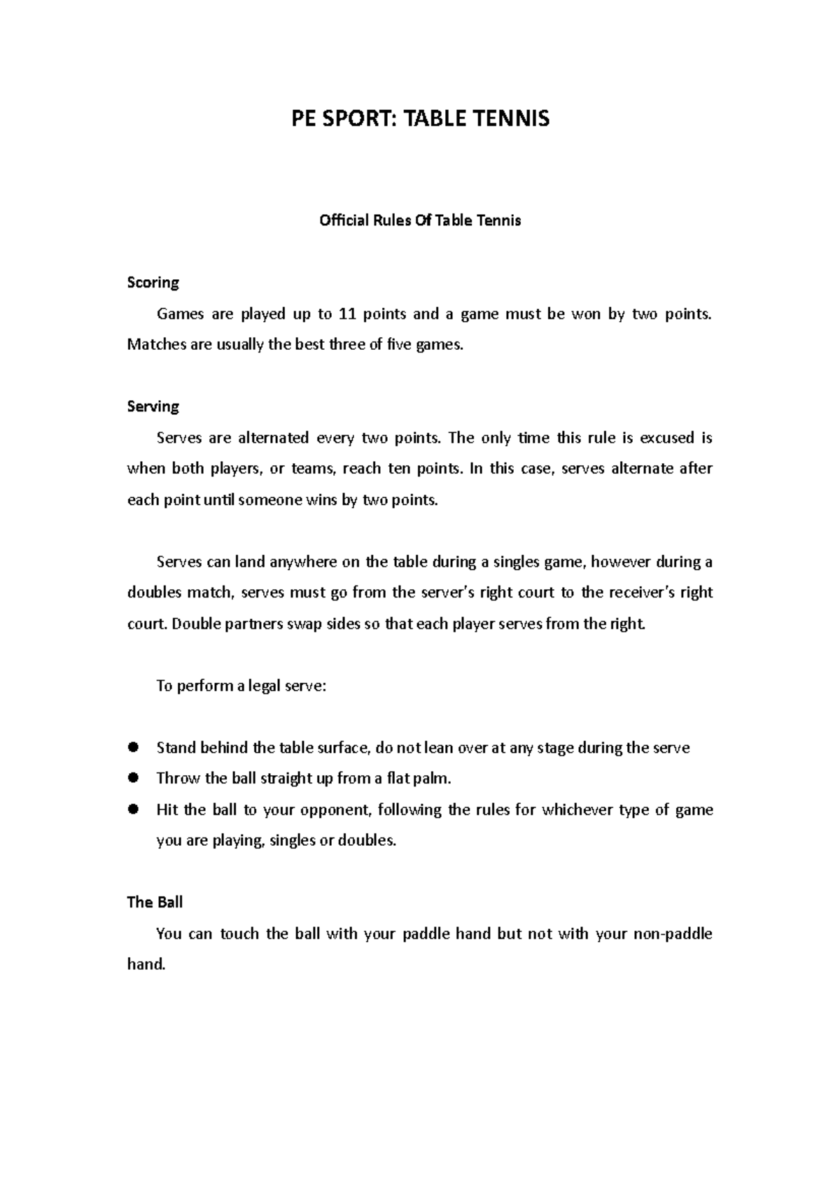 Table Tennis Official Rules AND Equipments - PE SPORT: TABLE TENNIS ...