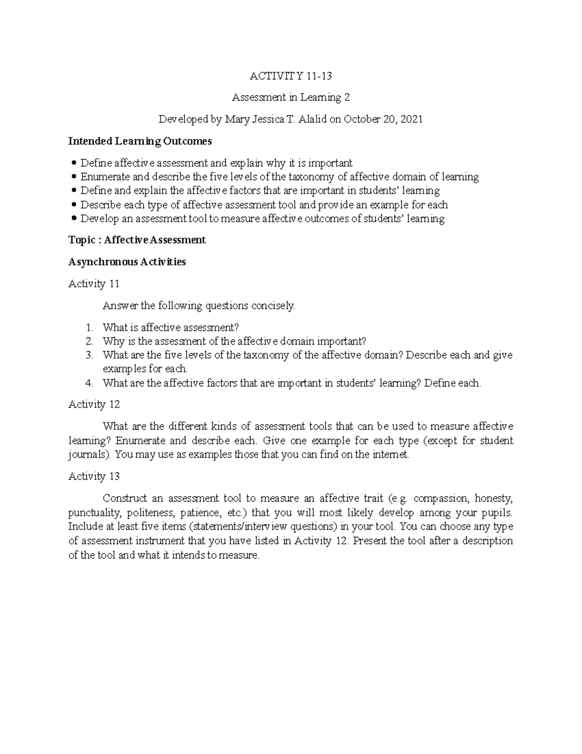 Activity 11-13 - Enjoy - ACTIVITY 11- Assessment in Learning 2 ...