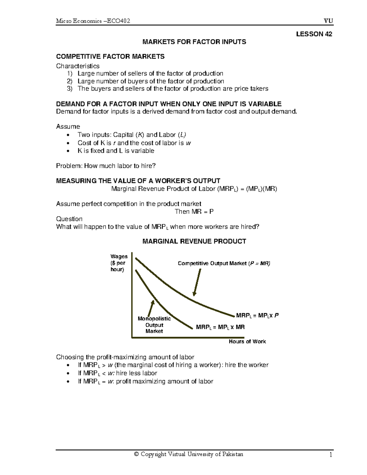 Lesson 42 ECO402 - Micro Economics –ECO402 VU © Copyright Virtual ...
