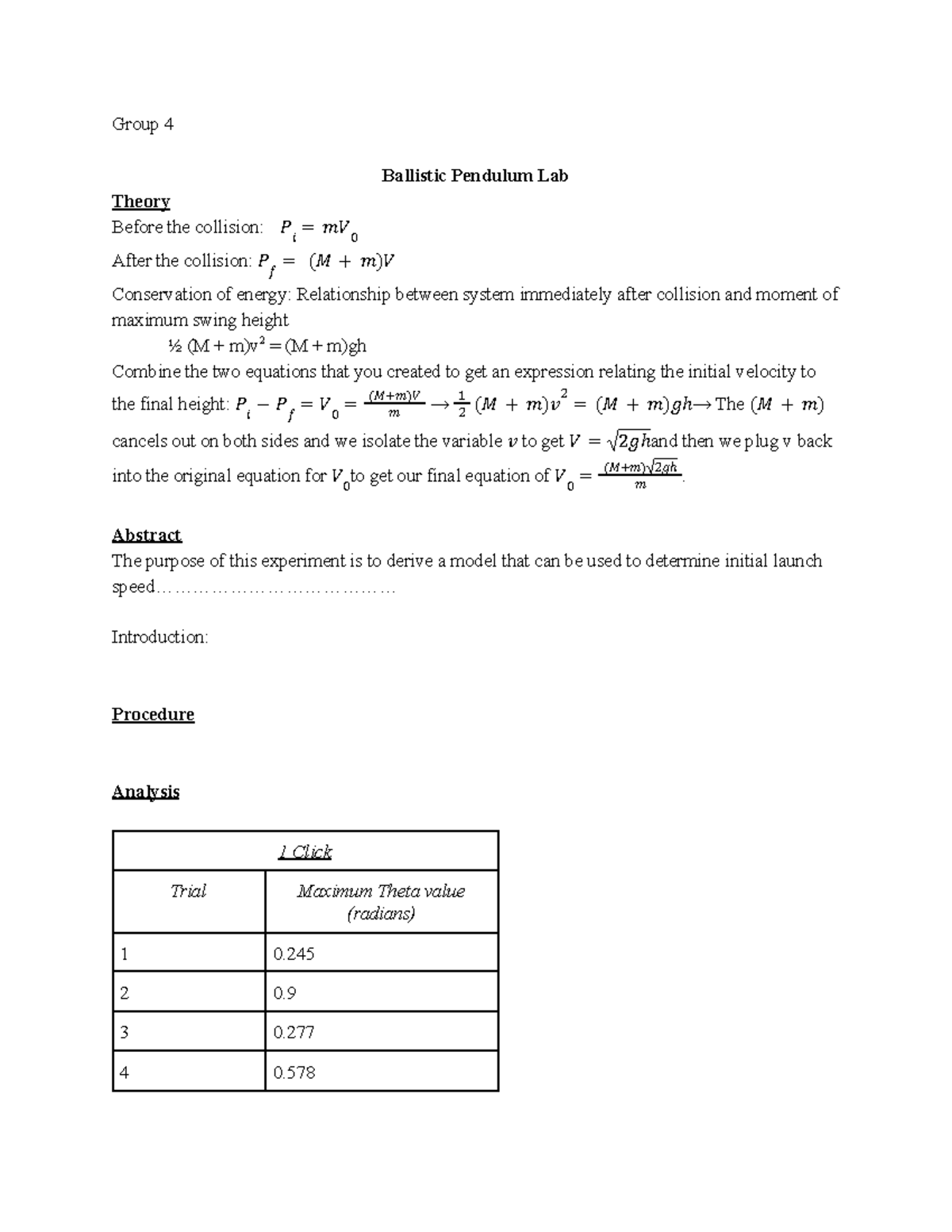 Ballistic Pendulum Lab - Group 4 Ballistic Pendulum Lab Theory Before ...