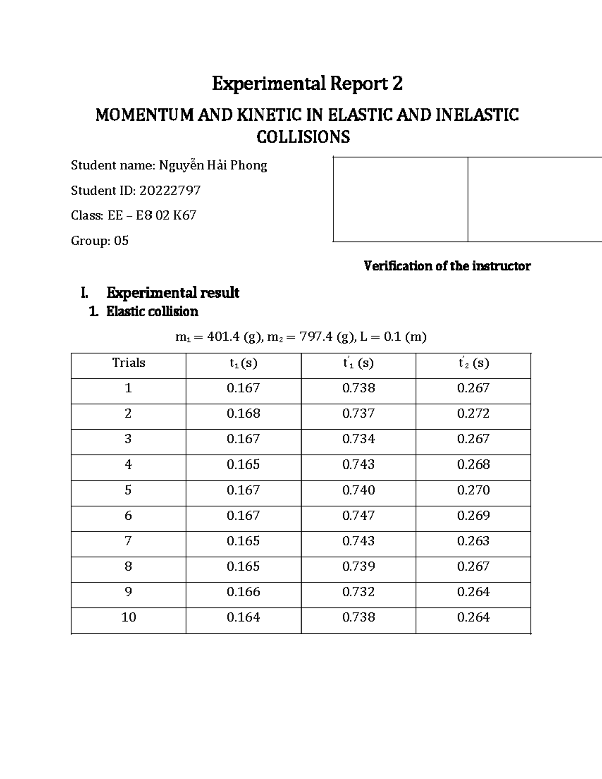 Experimental Report 2 - Exp2 - Experimental Report 2 MOMENTUM AND ...