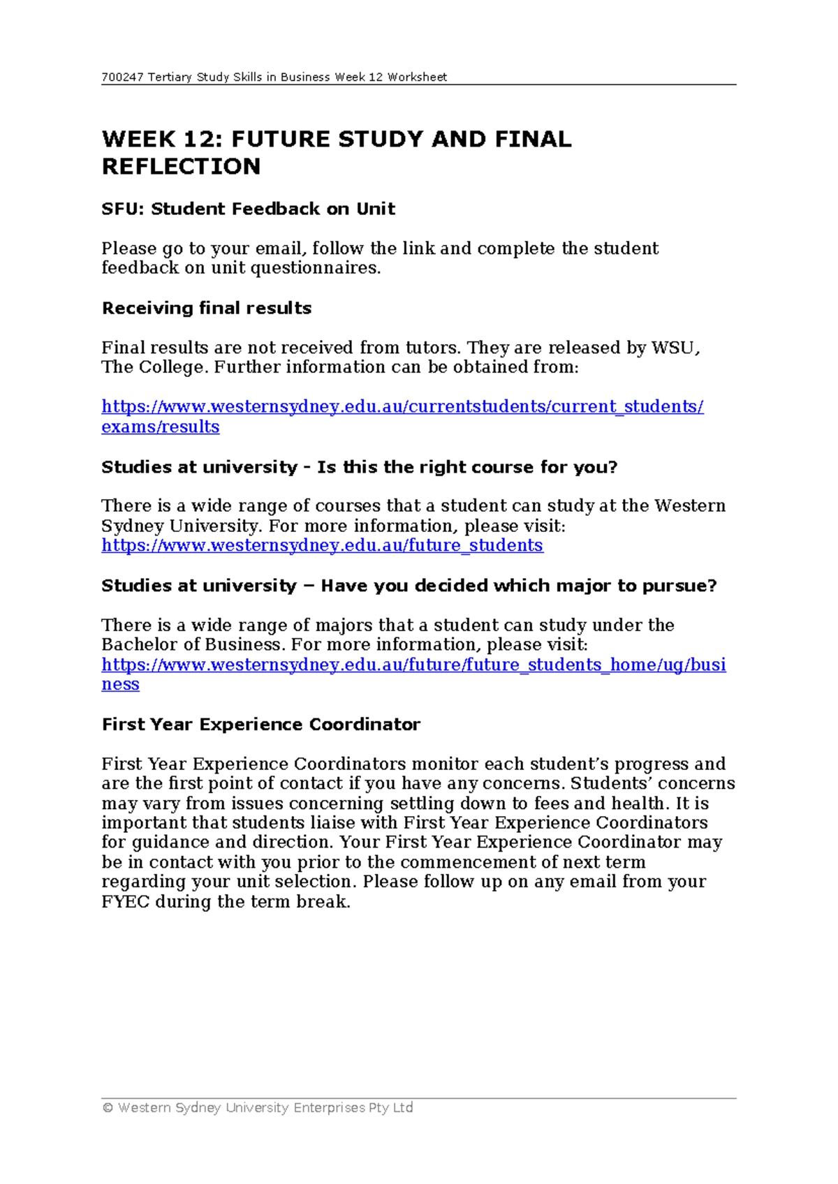 Task 9 TSS B Week 12 Worksheet - 700247 Tertiary Study Skills in Business Week 12 Worksheet WEEK ...
