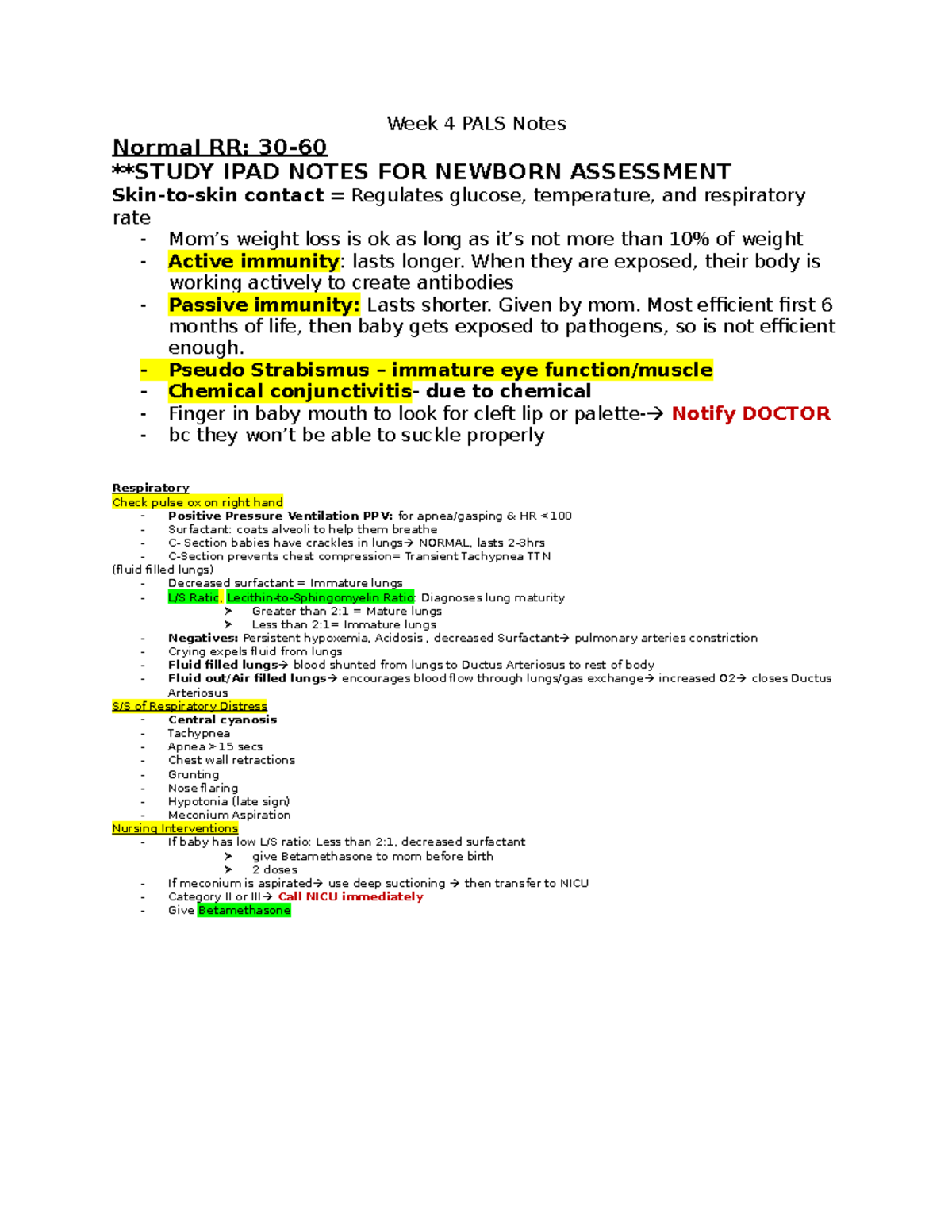 OB- Week 4 PALS Notes - Week 4 PALS Notes Normal RR: 30- **STUDY IPAD ...