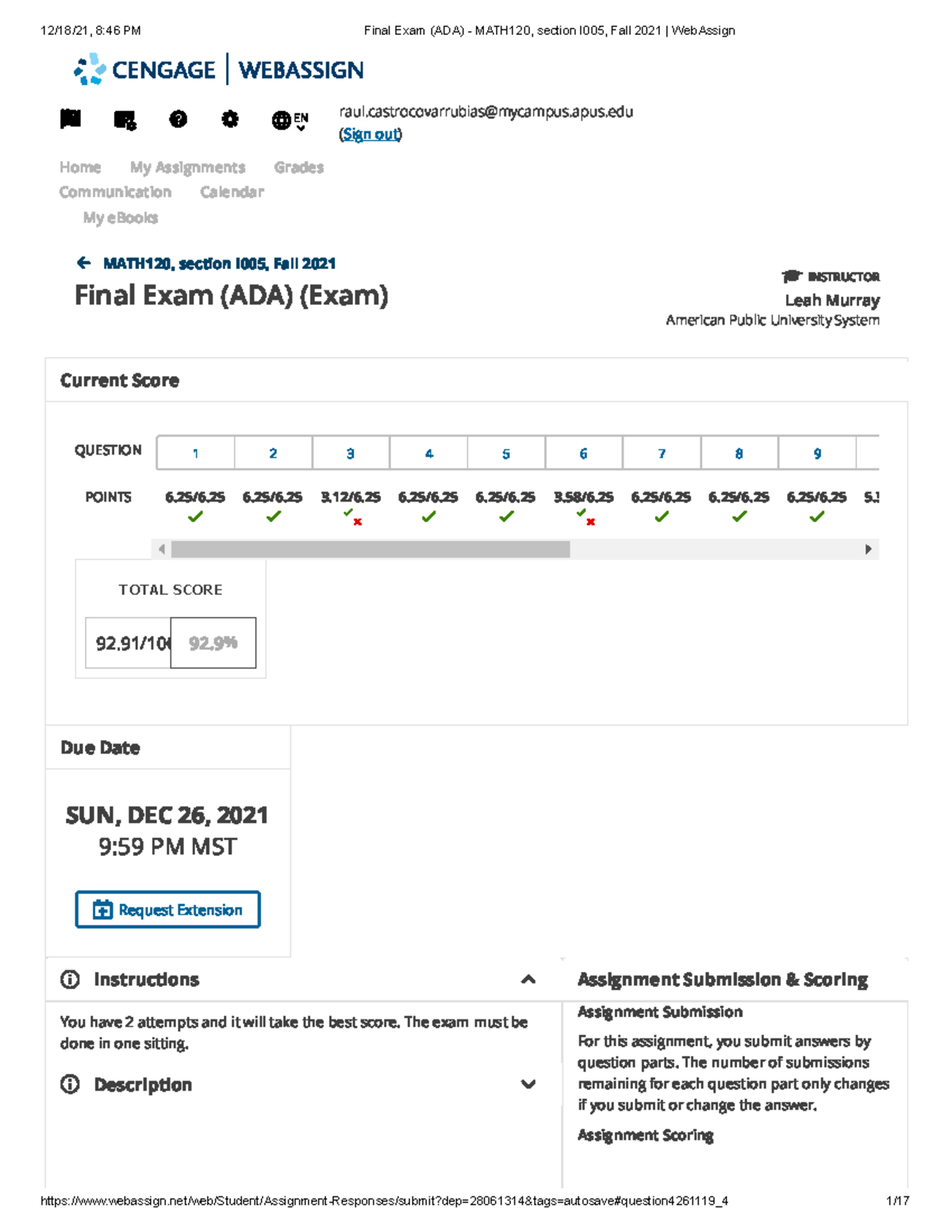 Final Exam (ADA) - MATH120, section I005, Fall 2021 Web Assign - EN ...