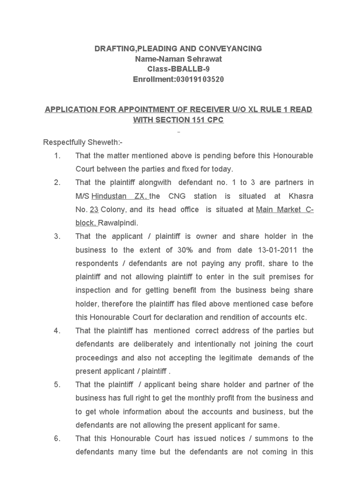 DPC Assignment 12 Nov - APPLICATION FOR APPOINTMENT OF RECEIVER U/O XL ...