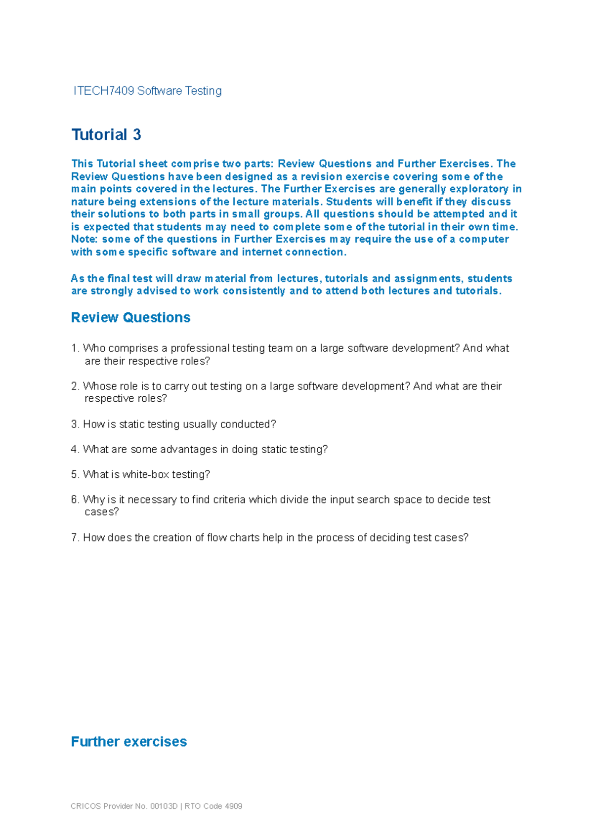 ITECH7409 Tutorial 03 - test - ITECH7409 Software Testing Tutorial 3 ...