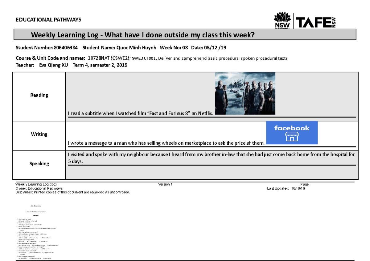 Weekly Learning Log Sample T4 2019 Eva - EDUCATIONAL PATHWAYS Weekly ...