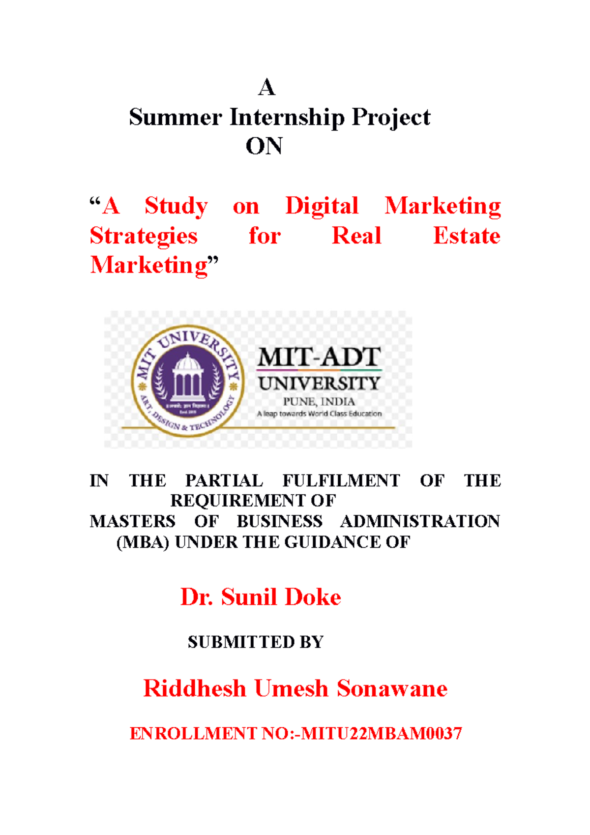 Riddhesh Sonawane Sip project - A Summer Internship Project ON “A Study on Digital Marketing ...