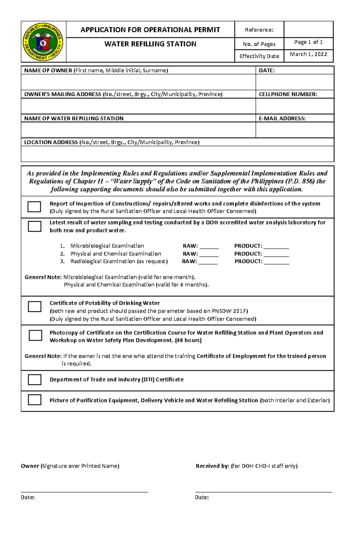 Application for Water Refilling Operational Permit - APPLICATION FOR ...