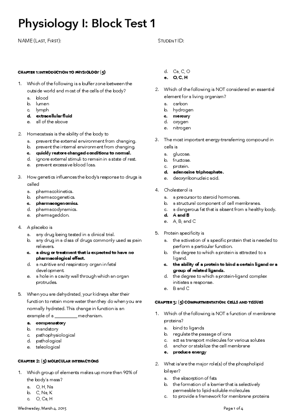 Physiology I Block Test 1 2015 with answers - Physiology I: Block Test ...