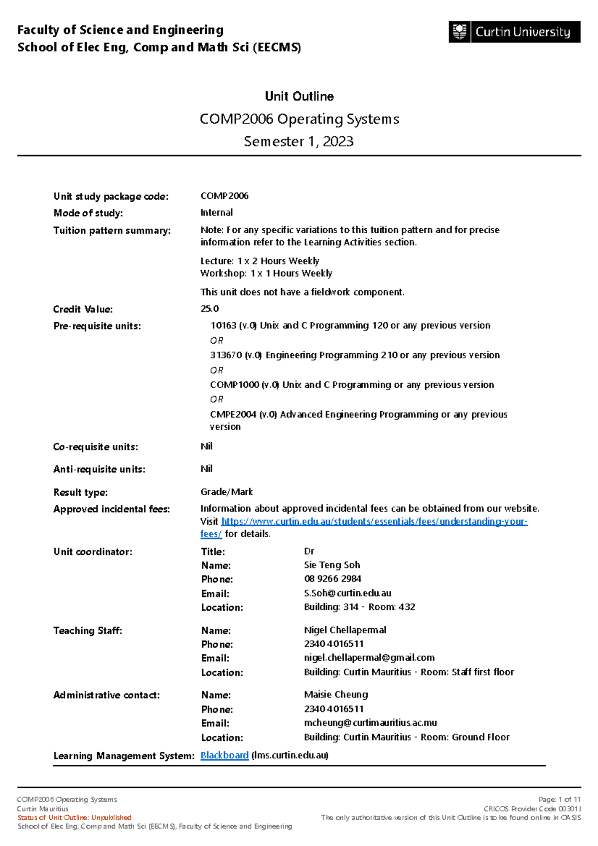 COMP2006 - Operating Systems Semester 1 2023 Curtin Mauritius Internal - Unit study package code ...