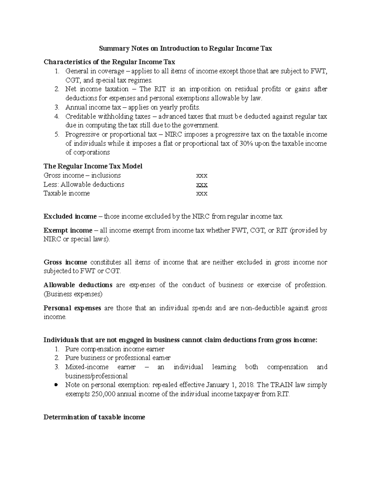 Summary Notes on Introduction to Regular Income Tax - Summary Notes on ...
