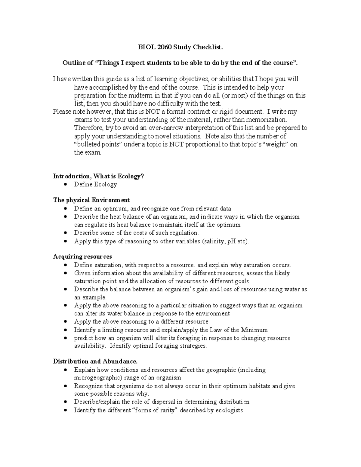 Study Checklist Ecology Final 2023 - BIOL 2060 Study Checklist. Outline ...