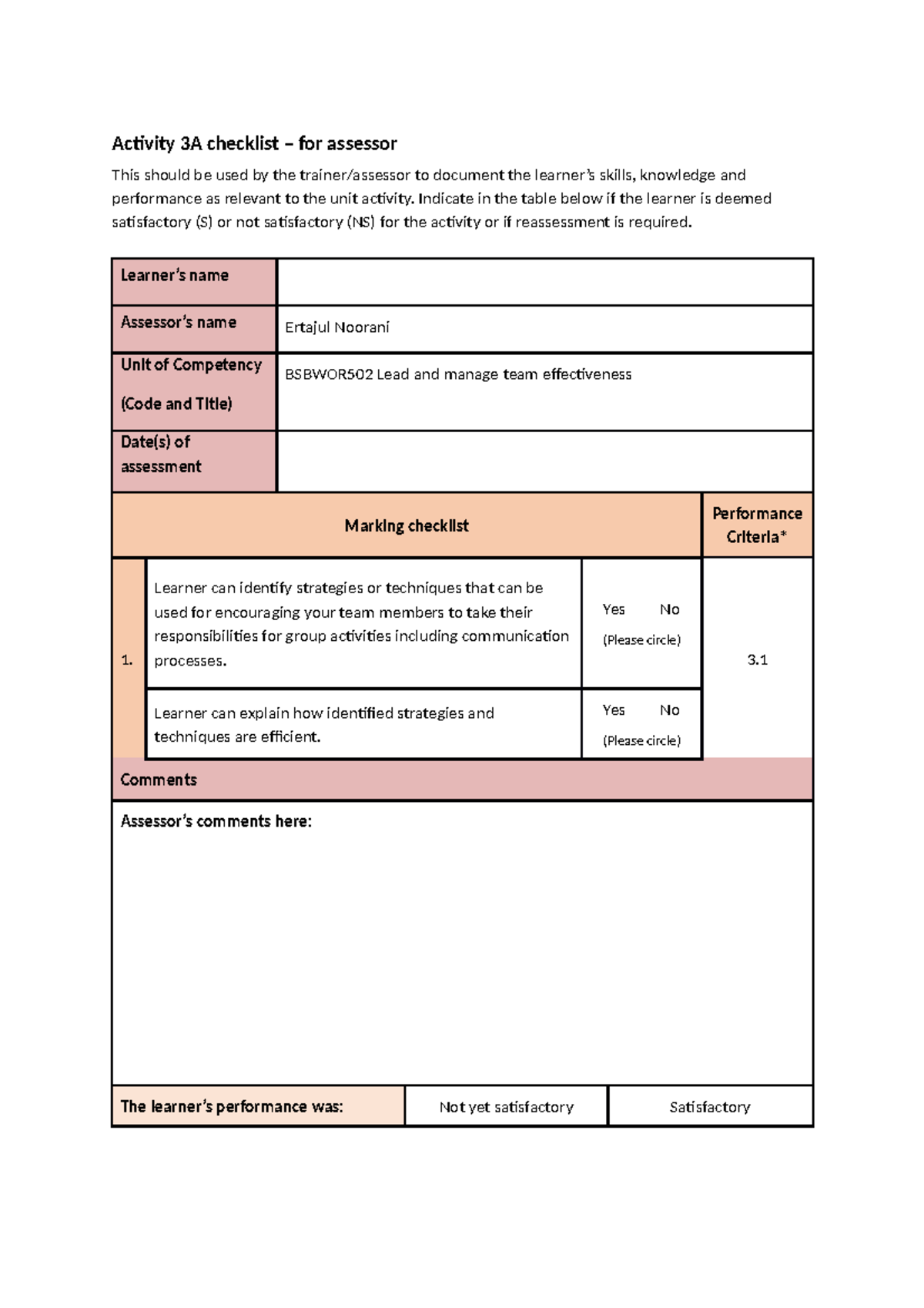 Learner workbook Bsbwor 502 6 - Activity 3A checklist – for assessor ...