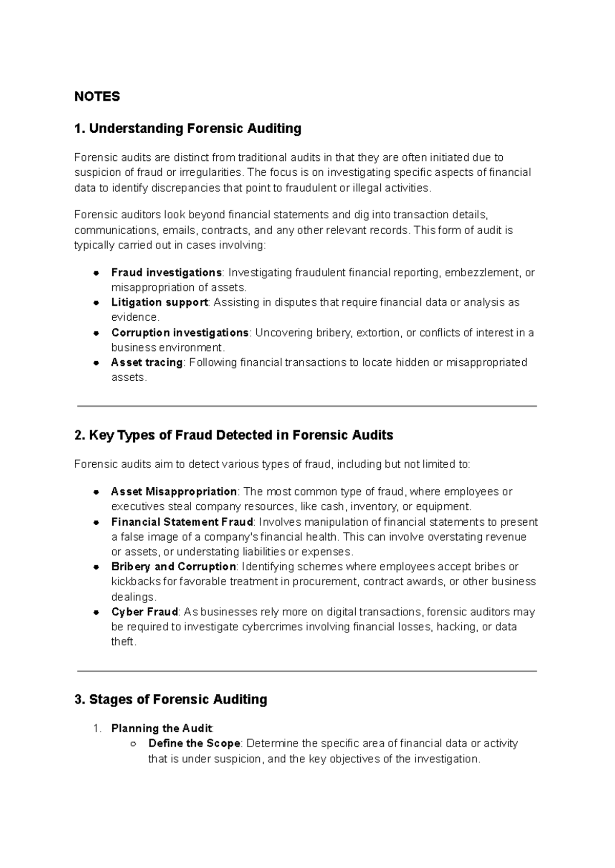Forensic Auditing - NOTES 1. Understanding Forensic Auditing Forensic ...