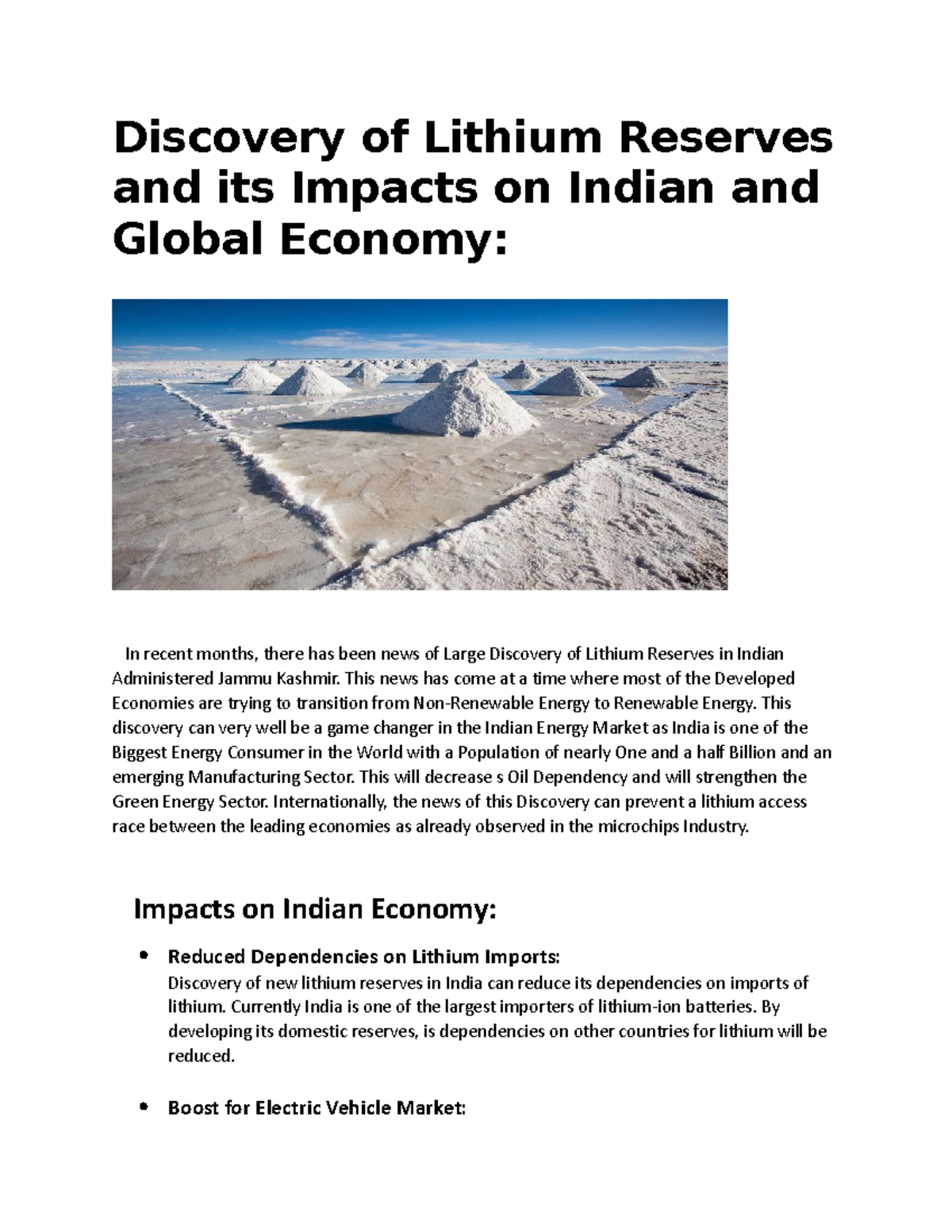 Discovery of Lithium Reserves and its Impacts on Indian and Global ...